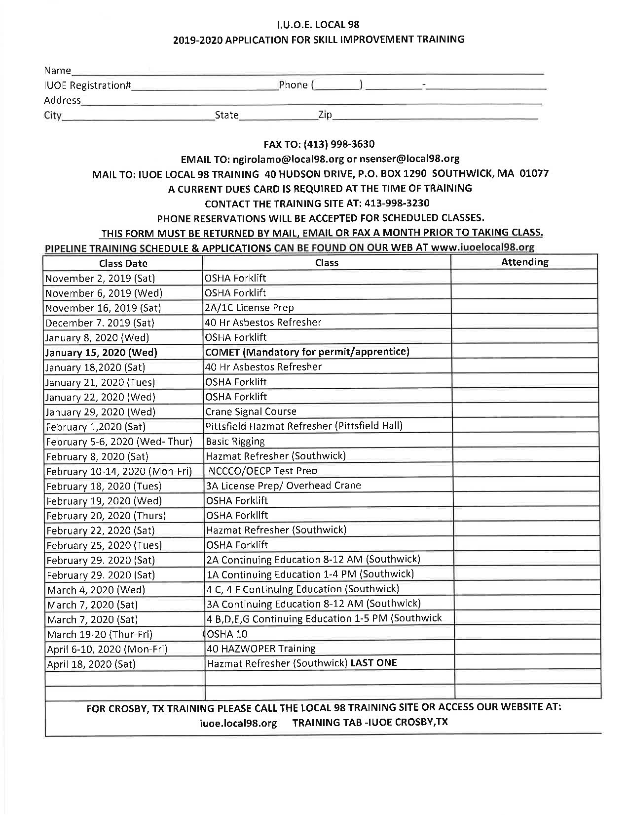 Current Class Schedule – IUOE Local 98
