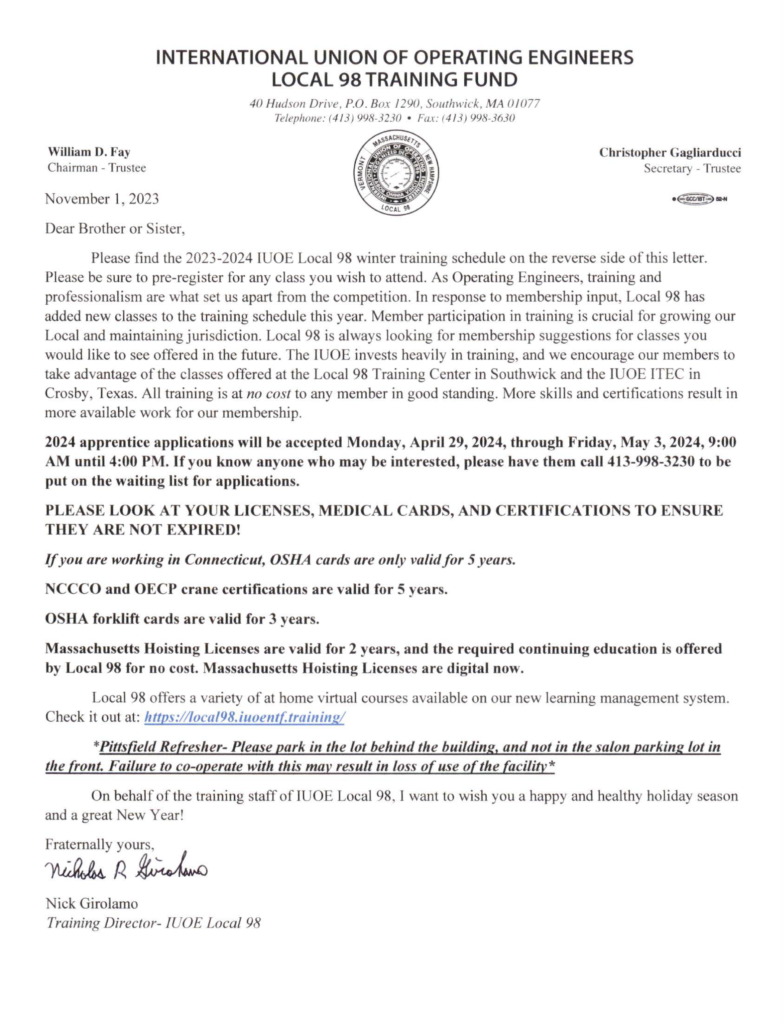 Current Class Schedule – IUOE Local 98